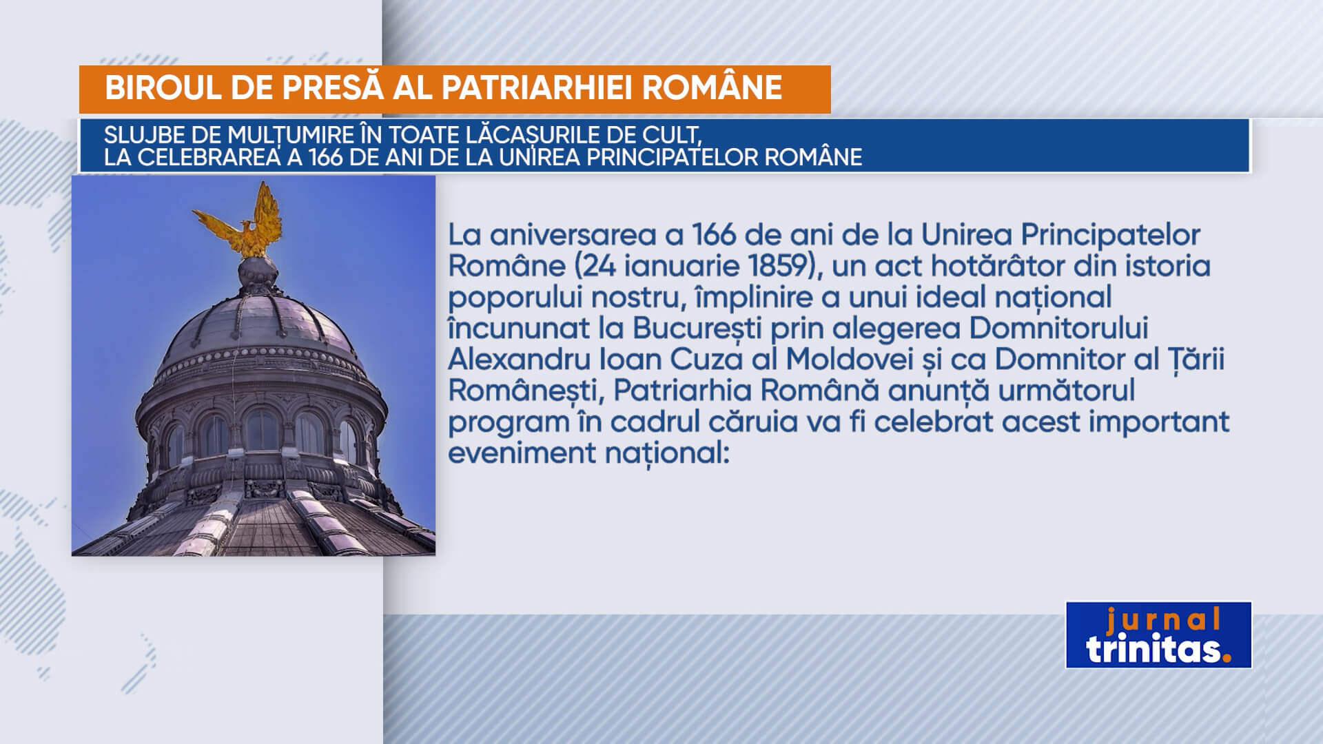 Slujbe de mulțumire în toate lăcașurile de cult, la celebrarea a 166 de ani de la Unirea ...